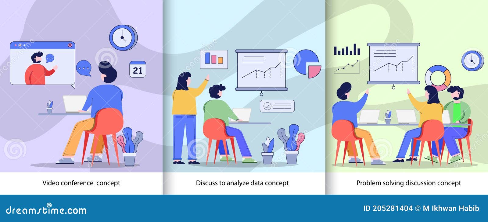 Team Work Discuss Graphic Set. Online Video Conference Concept, Discuss ...