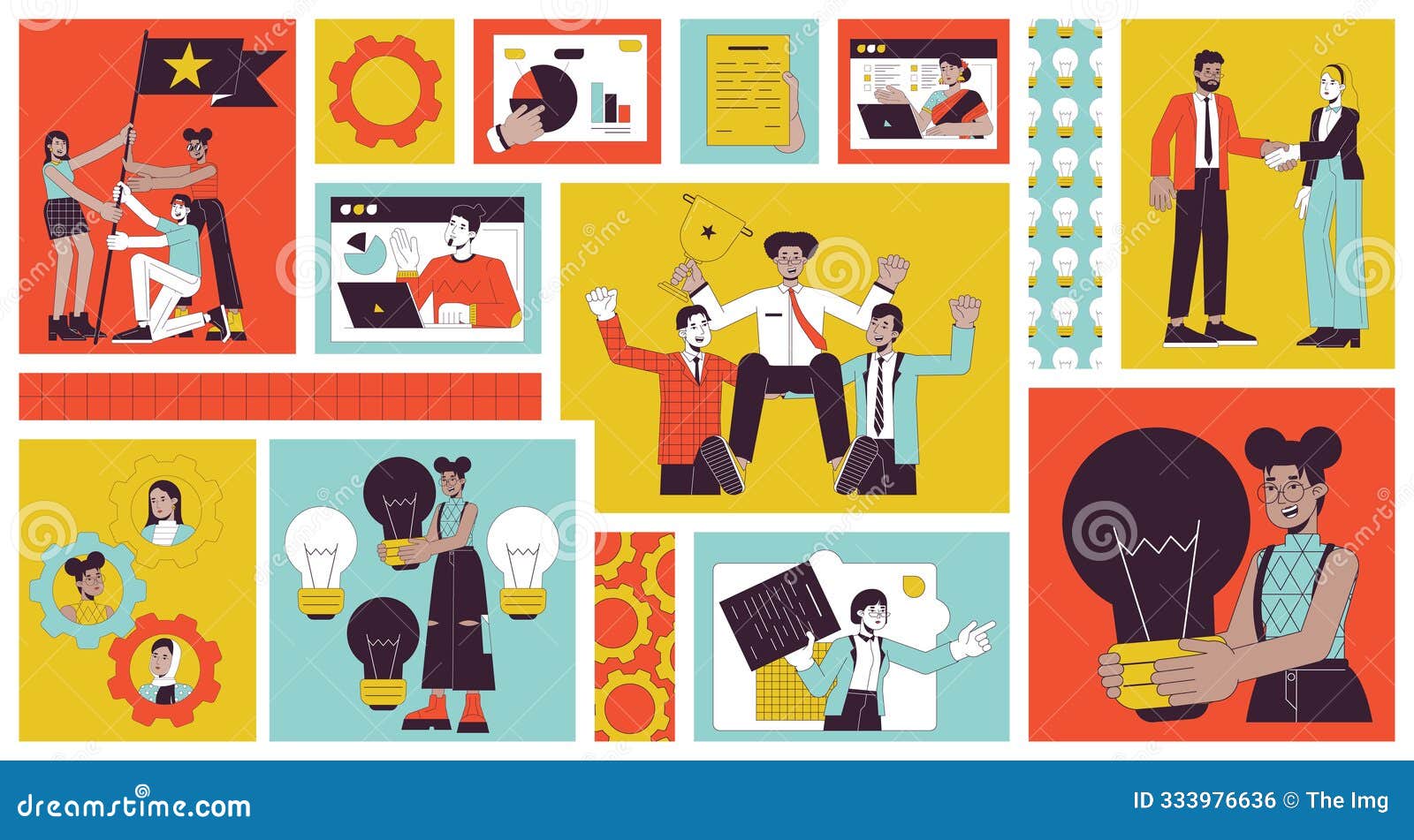 Team Work Diversity Bento Grid Illustration Set Stock Illustration - Illustration of workplace ...