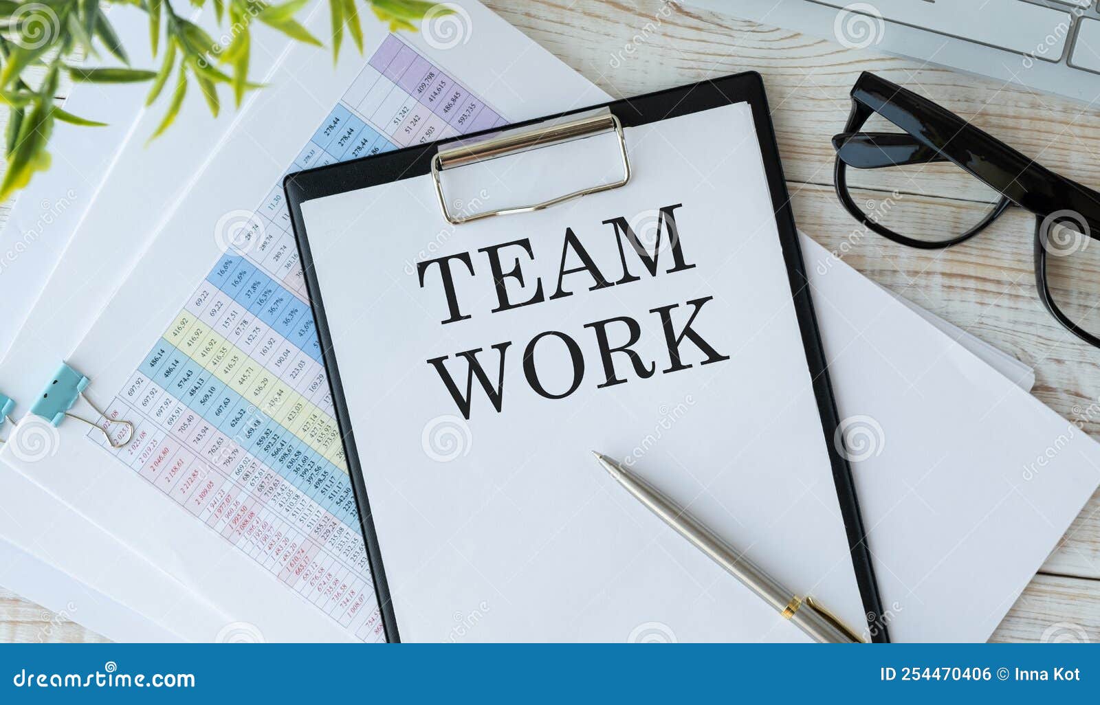 Team at Work Drinking Coffee with Team Text on White Panel Stock Photo ...