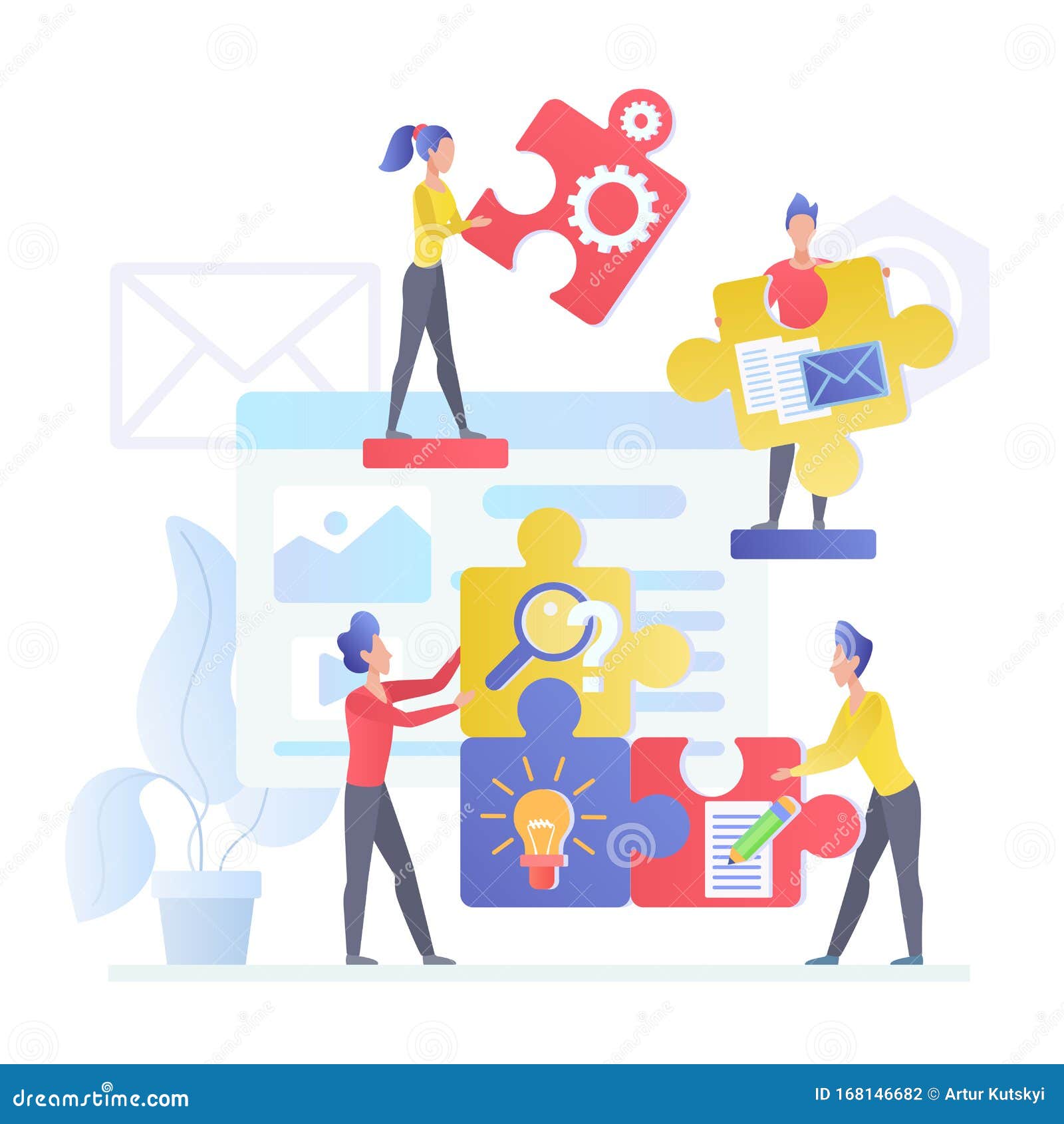 Team Work Flat Vector Illustration. Smart Management. Puzzle and Jigsaw ...