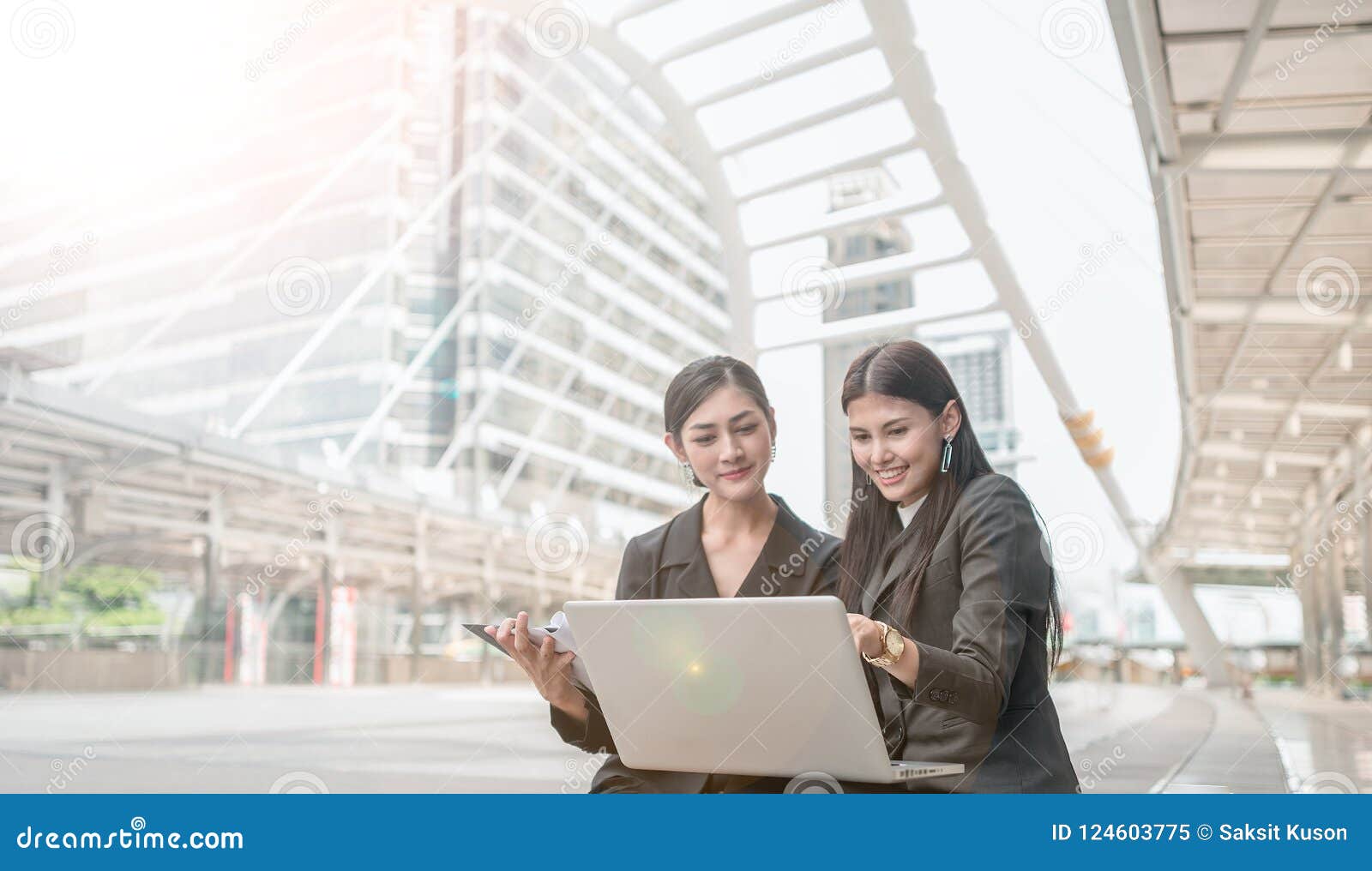 Team Work Process. Two Business Women with Laptop in City. Stock Image ...