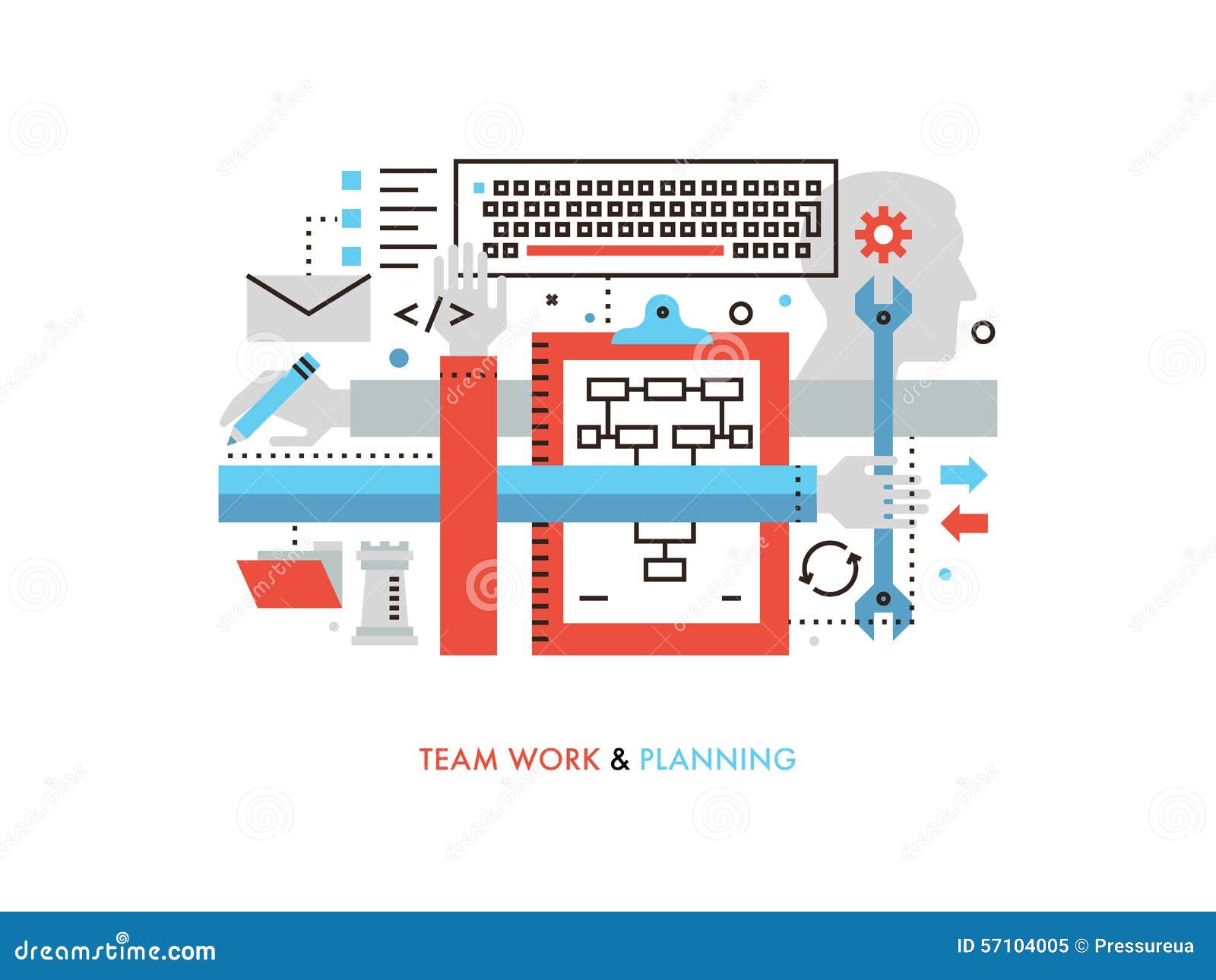 Team Work Production Flat Line Illustration Stock Vector - Illustration ...