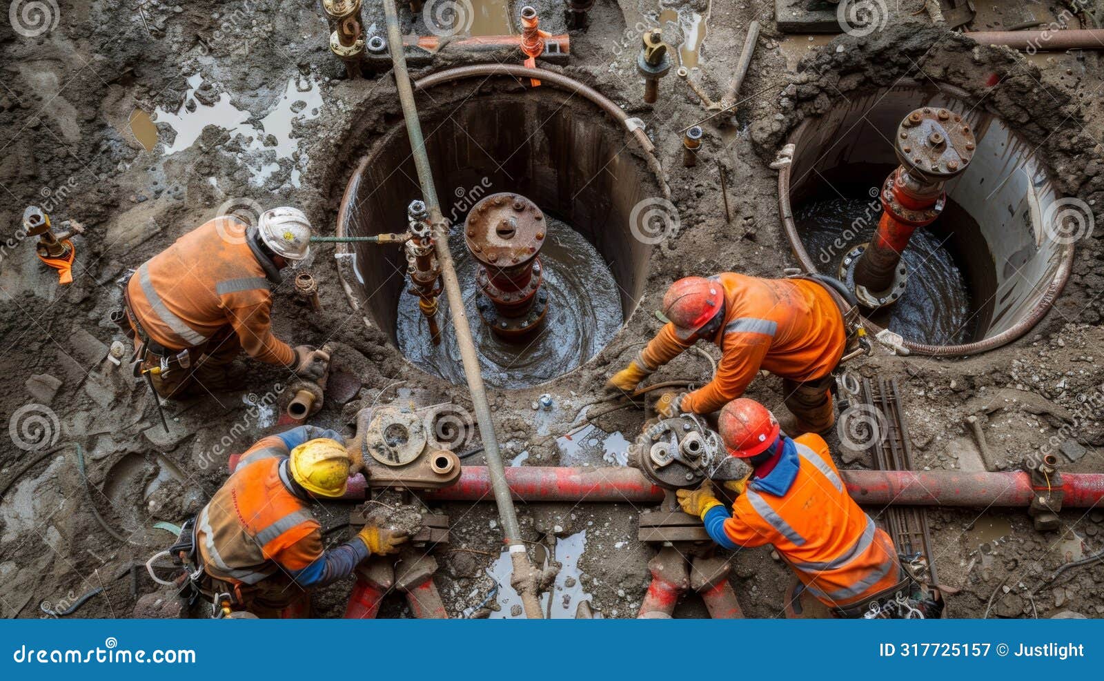 A Team of Workers Assembling a Complex Network of Valves and Fittings ...