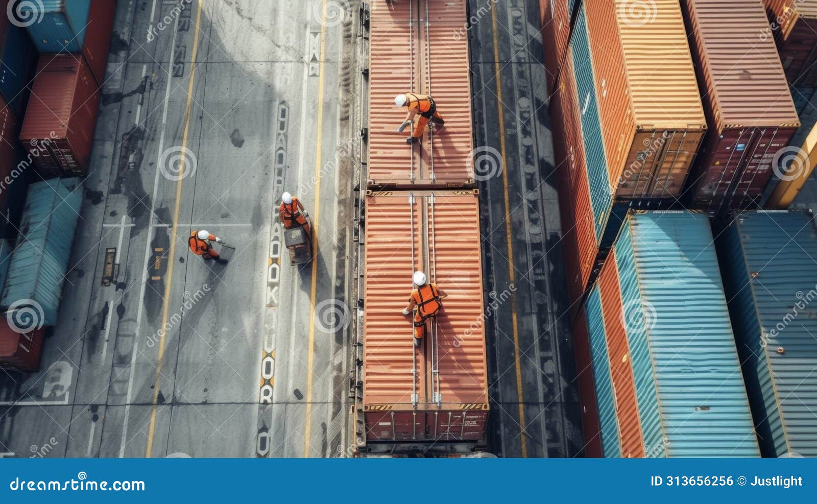 A Team of Workers is Carefully Loading and Securing Containers Onto a ...