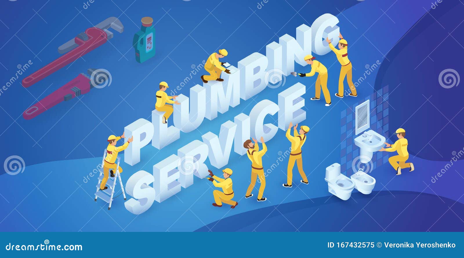 Team of Workers and Isometric Words Plumbing Service. Vector. Stock ...