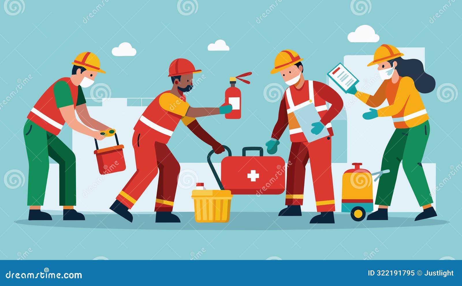 A Team of Workers Quickly Gathering Necessary Safety Equipment Such As ...