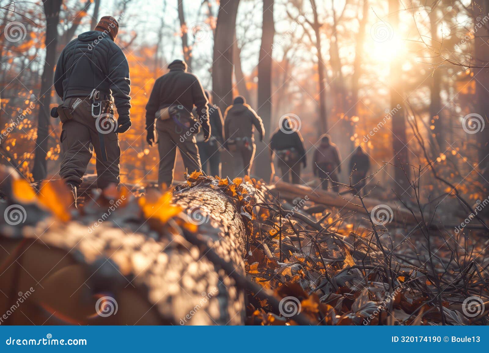 A Team of Workers in Suits Uses Chainsaws To Cut Trees in a Forest ...