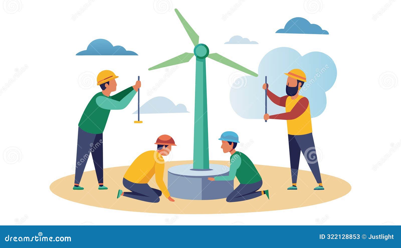 A Team of Workers Using Specialized Tools To Attach the Base of the Wind Turbine To the ...