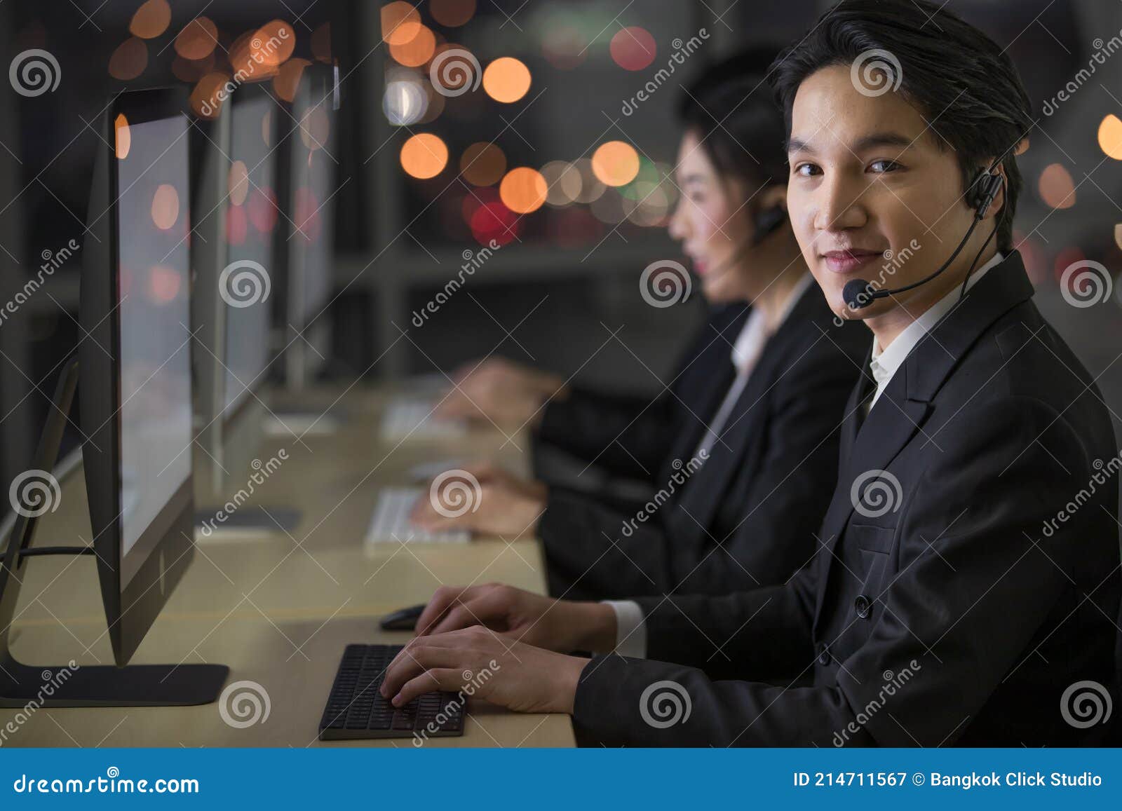 Team of Workers Wearing Headphone Headset and Working with Happy Face ...
