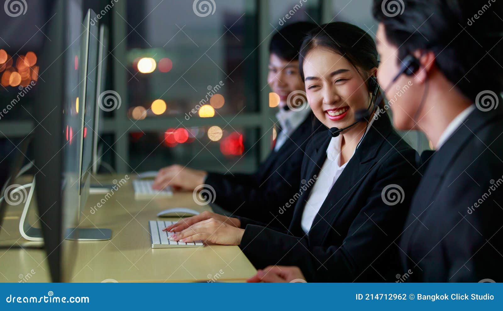 Team of Workers Wearing Headphone Headset and Working with Happy Face ...