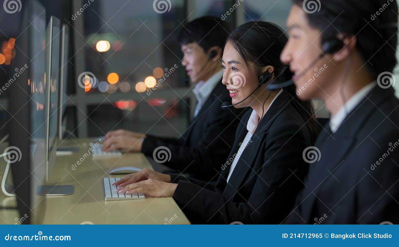 Team of Workers Wearing Headphone Headset and Working with Happy Face ...