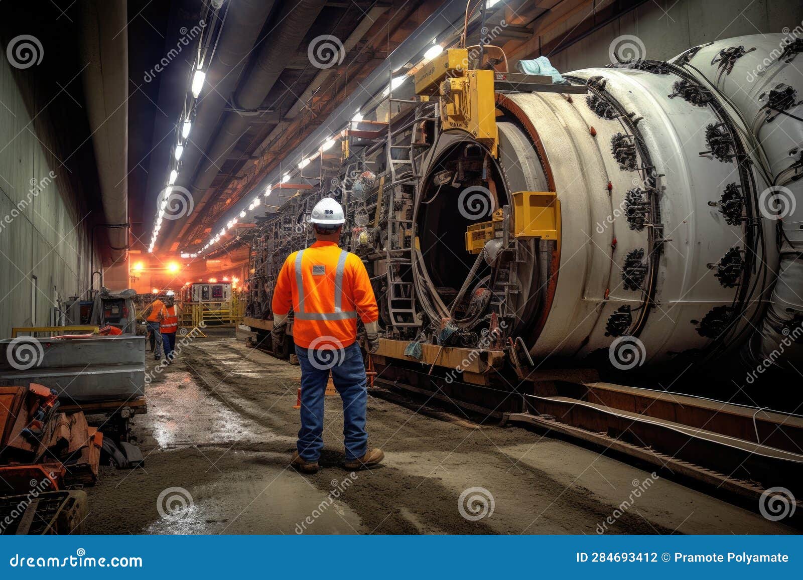 A Team of Workers Wearing Safety Gear Work Underground Together in the ...
