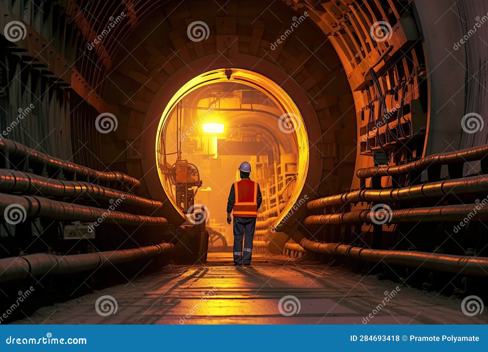 A Team of Workers Wearing Safety Gear Work Underground Together in the ...