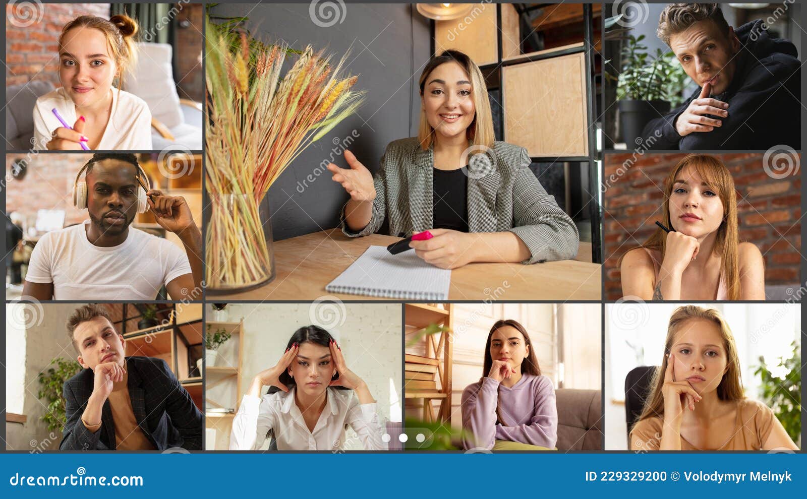 Group of Men and Women Meeting Via Group Video Call Share Ideas ...