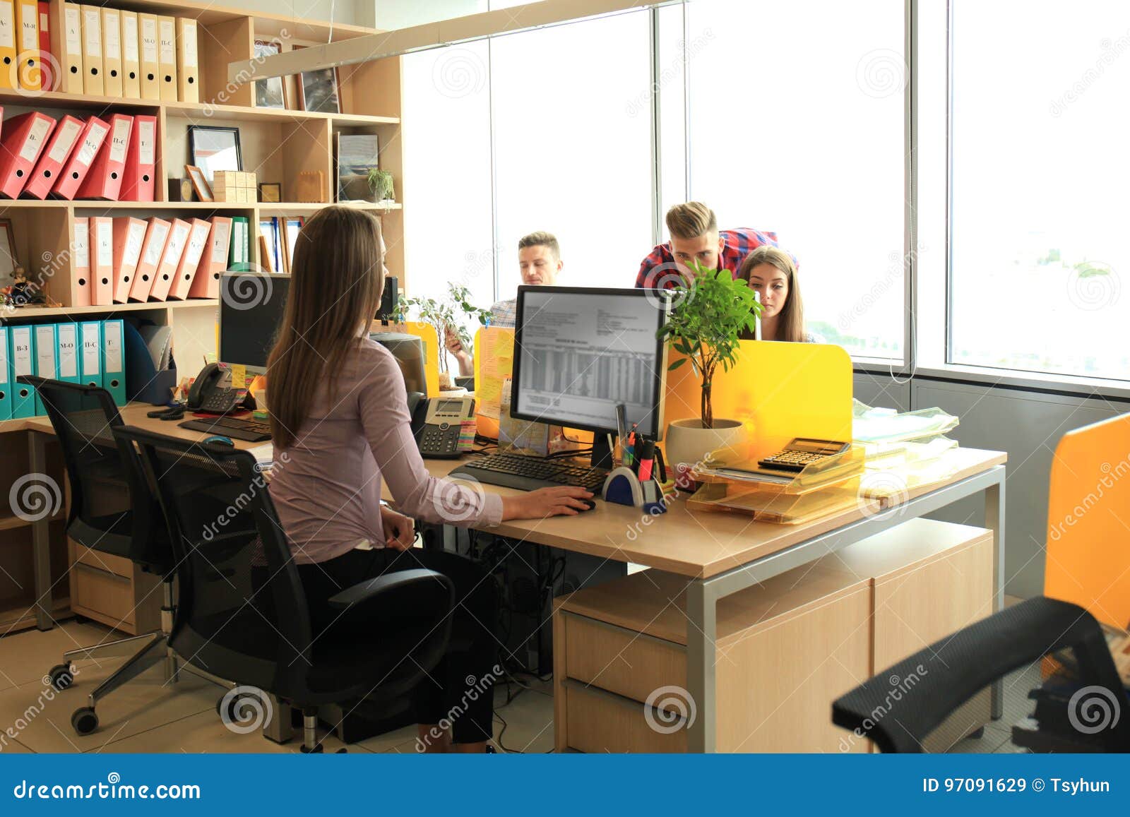 Team Working in Office. Monitor Typing and New Project Discussing ...