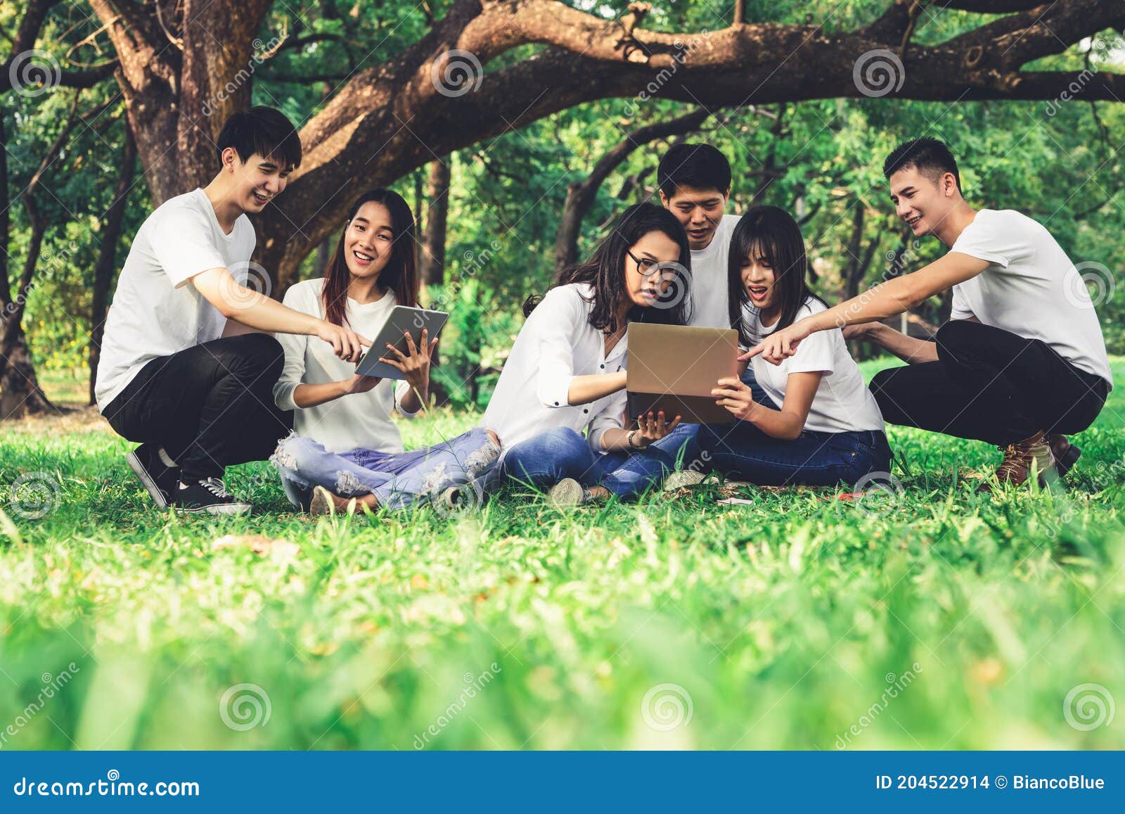 Team of Young Students Studying in the Park. Stock Photo - Image of ...