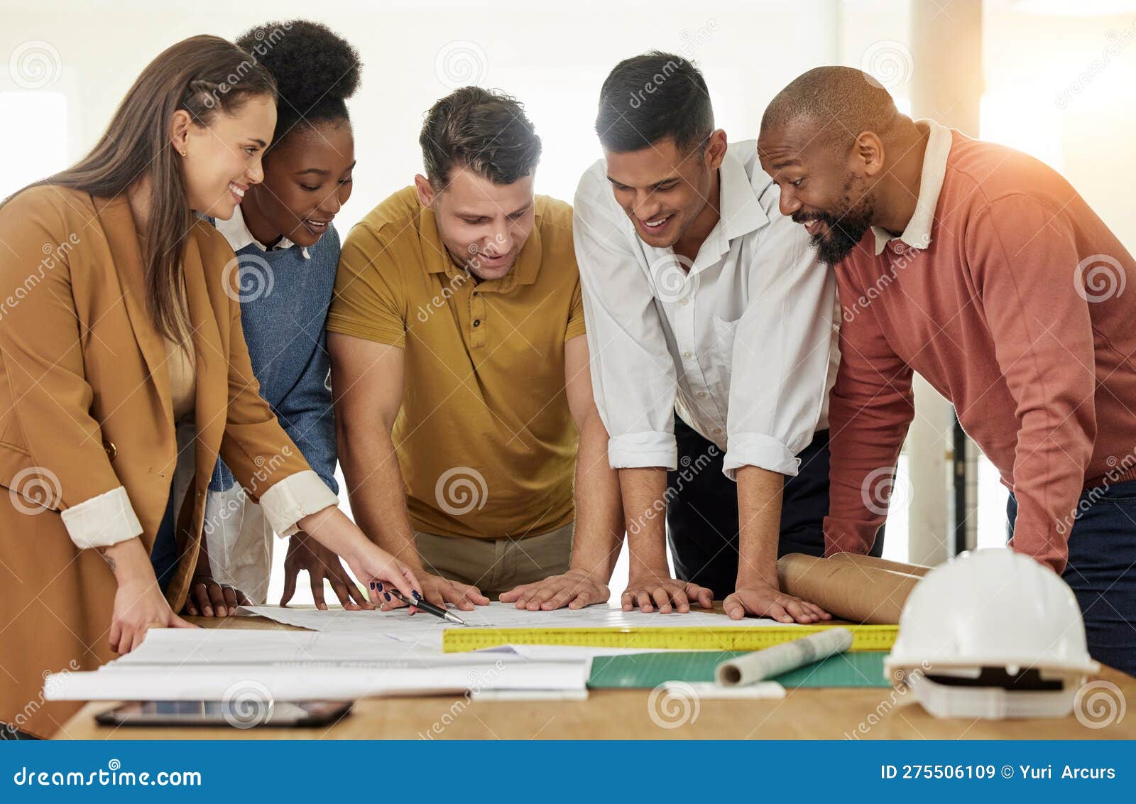 Teamwork, Architecture and Business People with Blueprint for Planning ...