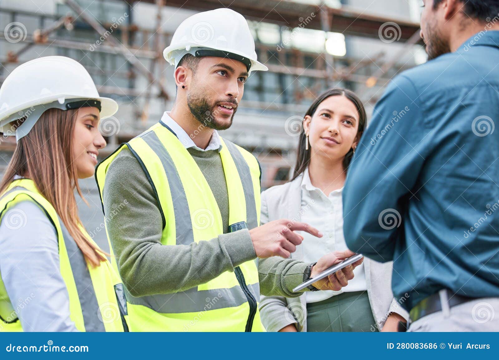 Teamwork, Architecture and Tablet with People on Construction Site for ...