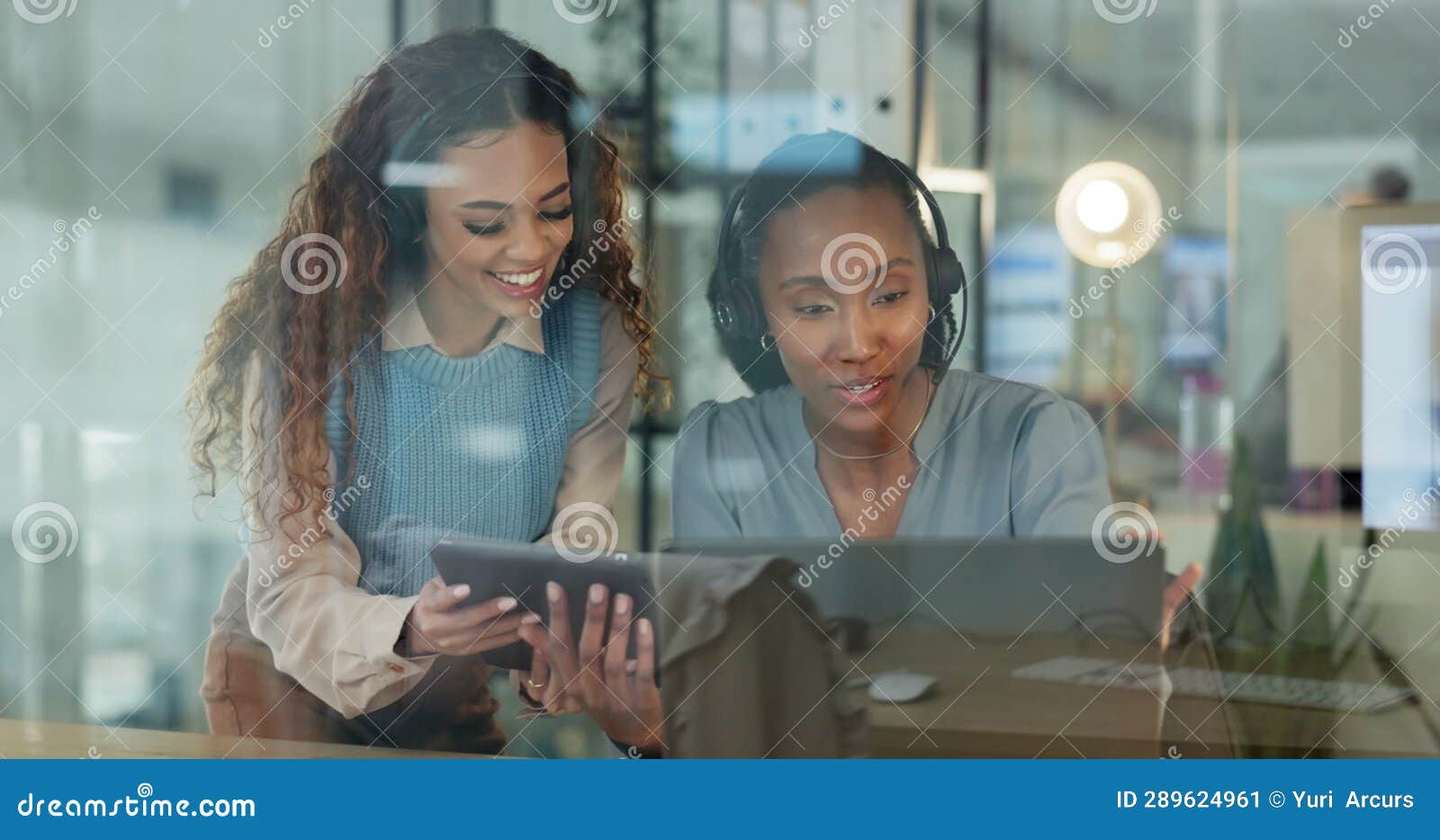 Teamwork, Call Center and Women on Computer and Tablet for Customer ...