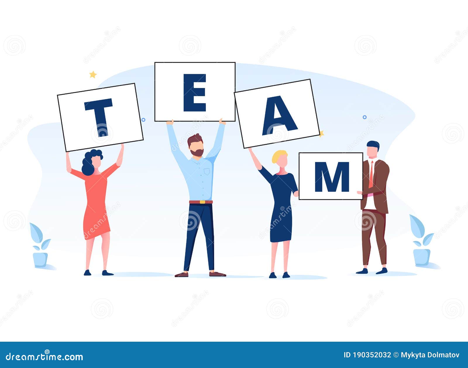 Teamwork Characters Standing in Line Holding Text Board. Flat Design ...