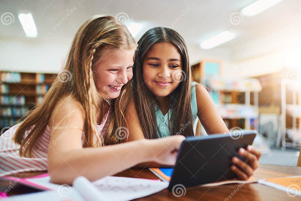Teamwork, Children and Digital with Tablet for Education, Elearning and ...