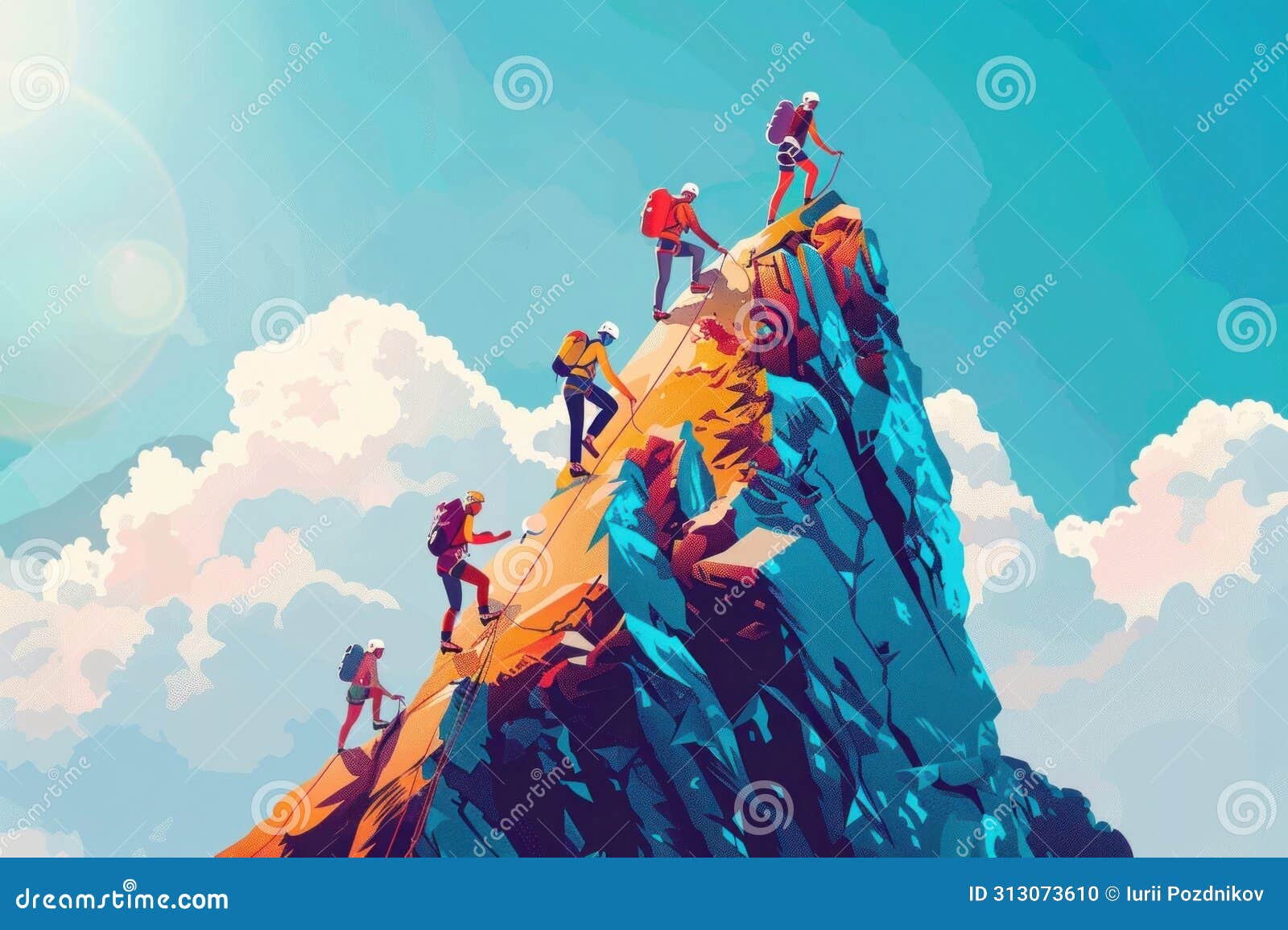 Teamwork of Climbers on the Mountain Top Under Blue Sky with Clouds on ...