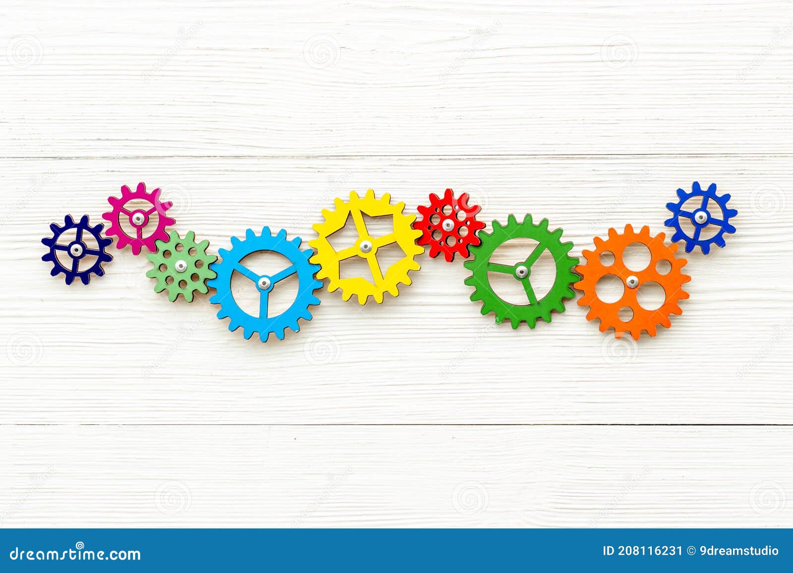 Teamwork Concept. Gears Connect in Working Mechanism, Overhead View ...
