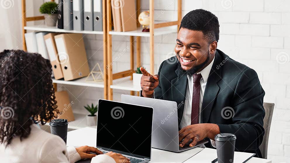 Teamwork and Collaboration. Smiling Colleagues Having Friendly ...