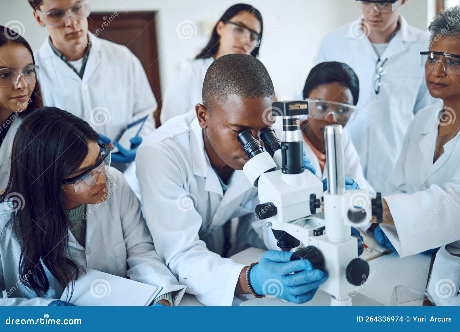 Teamwork, Collaboration and Group of Scientists with Microscope for ...