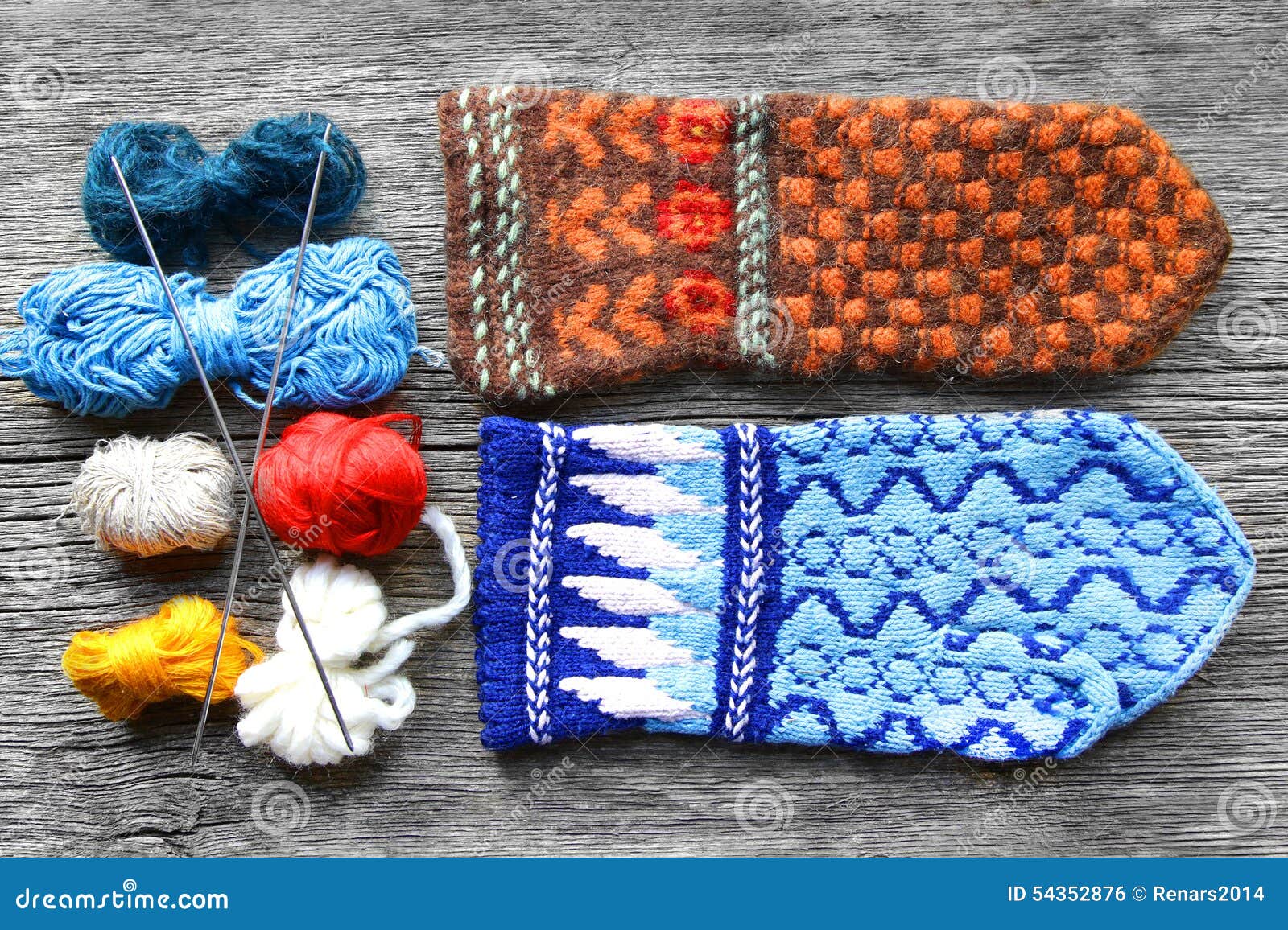 Teamwork Colored Yarn Balls with Needles Making Mittens Stock Photo ...