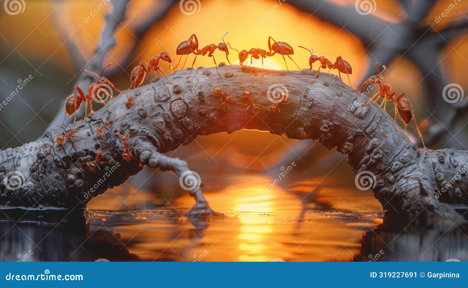 Teamwork Concept Ants Building Bridge at Sunset Stock Illustration ...