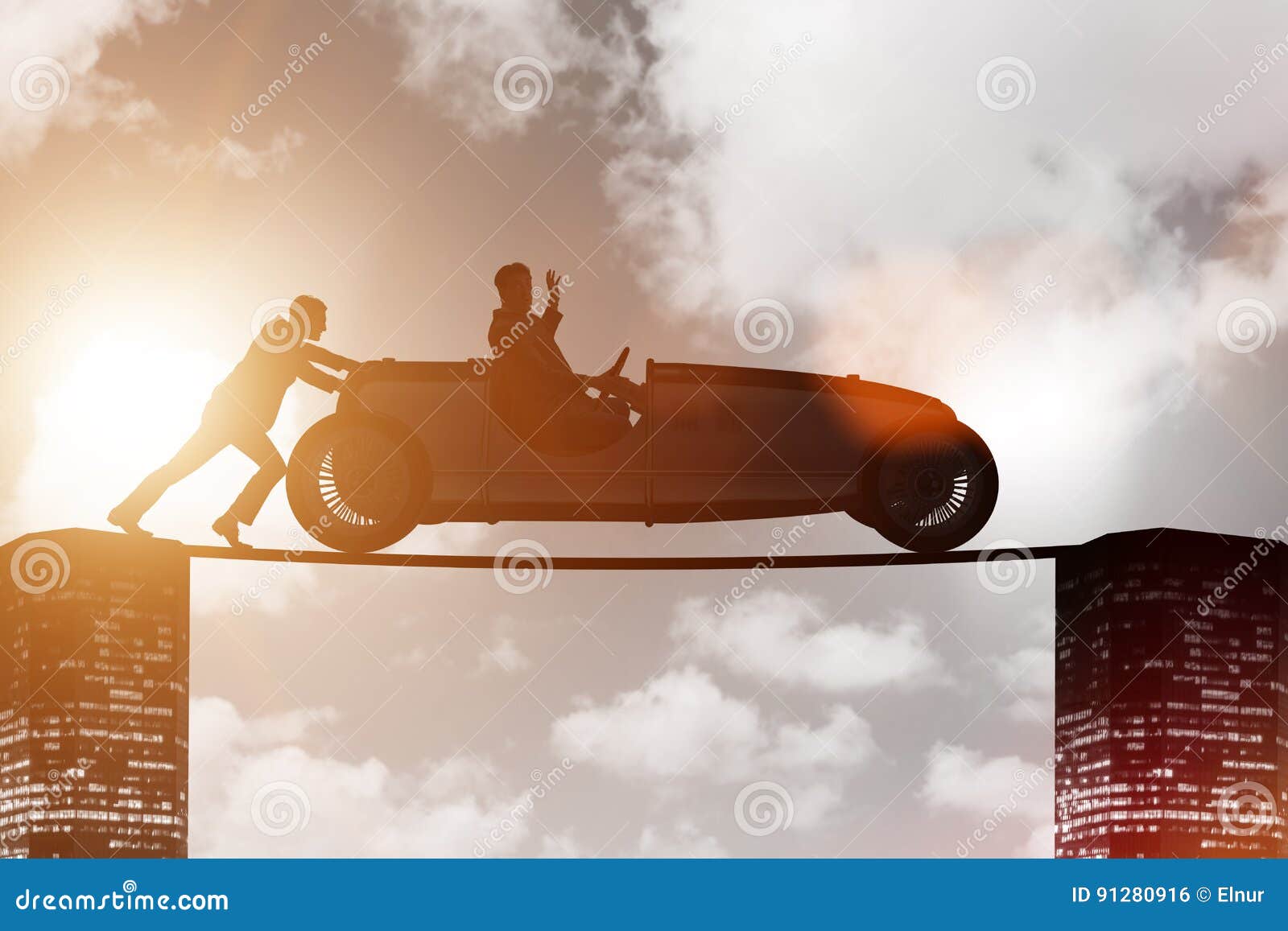 The Teamwork Concept with Businessman Pushing Car Stock Photo - Image ...