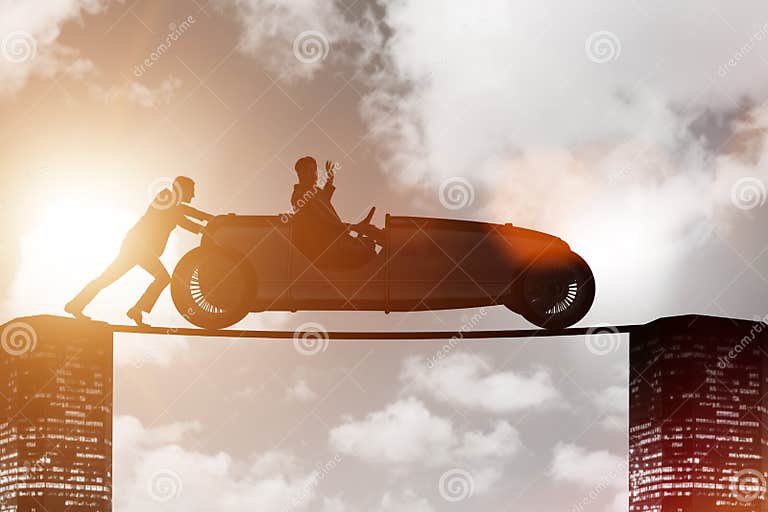 The Teamwork Concept with Businessman Pushing Car Stock Photo - Image ...