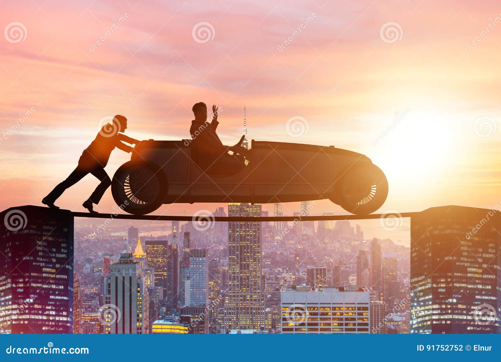 The Teamwork Concept with Businessman Pushing Car Stock Photo - Image ...