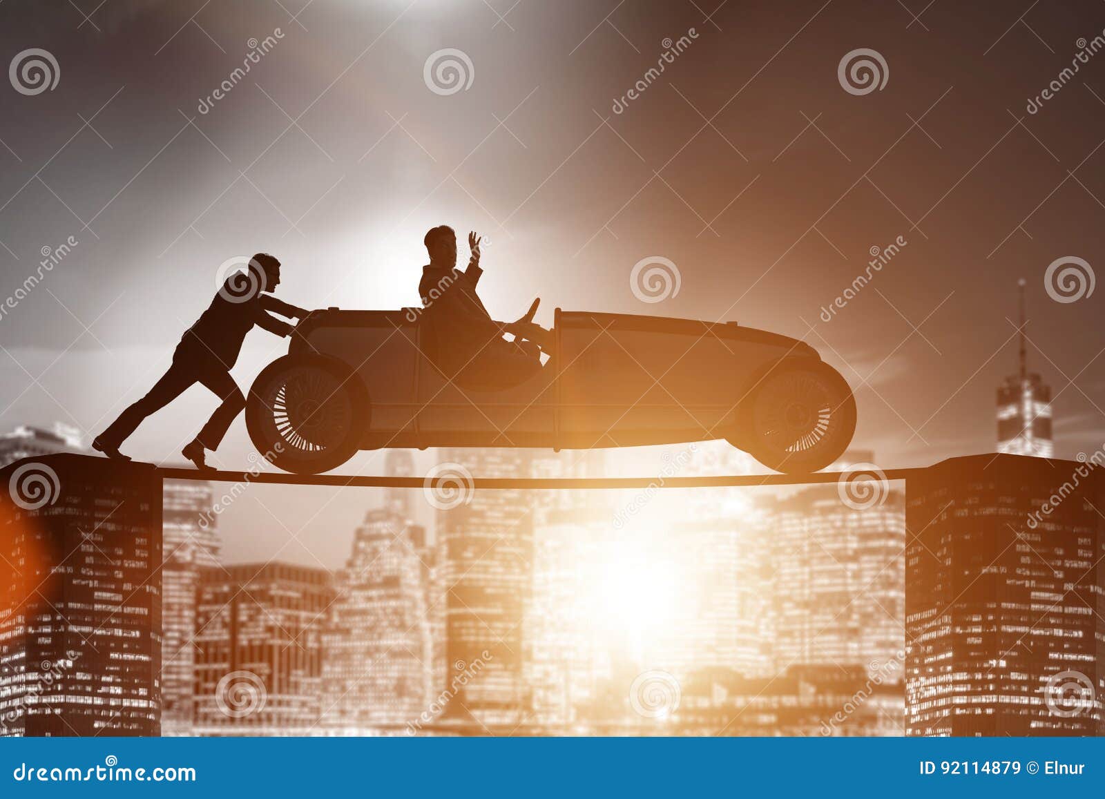 The Teamwork Concept with Businessman Pushing Car Stock Image - Image ...