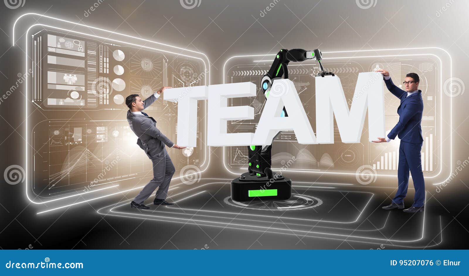 The Teamwork Concept with Businessman and Robotic Arm Stock Photo ...