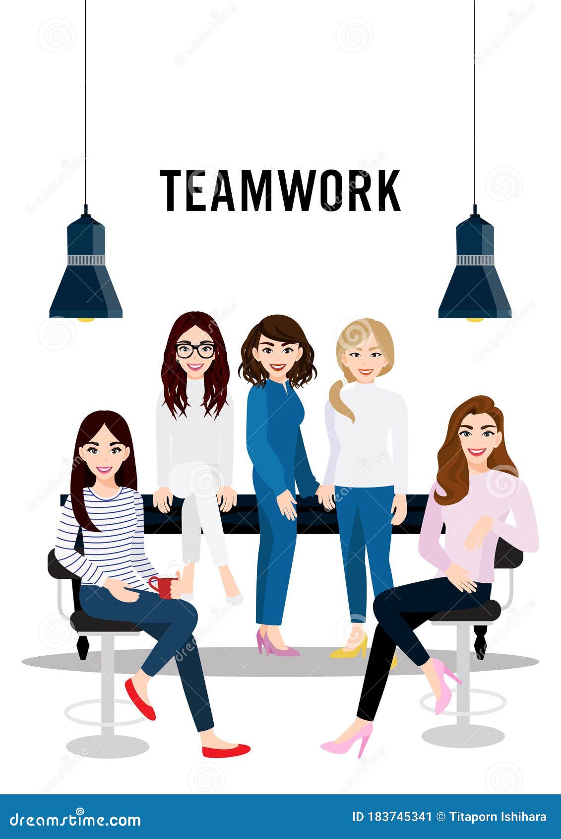 Teamwork Concept Design with Female Cartoon Character Standing, Setting ...