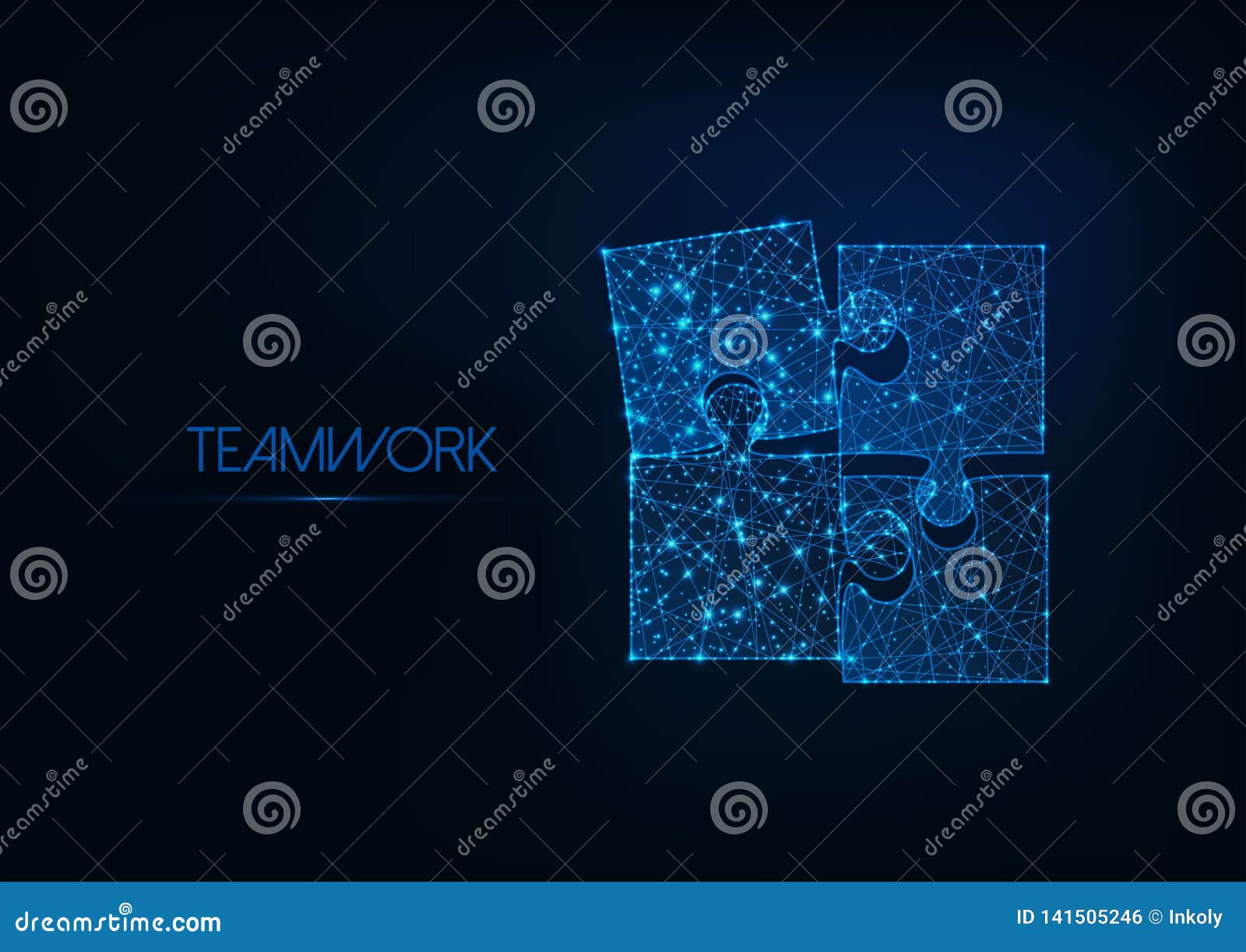 Teamwork Concept With Four Glowing Low Poly Jigsaw Puzzle Pieces On ...