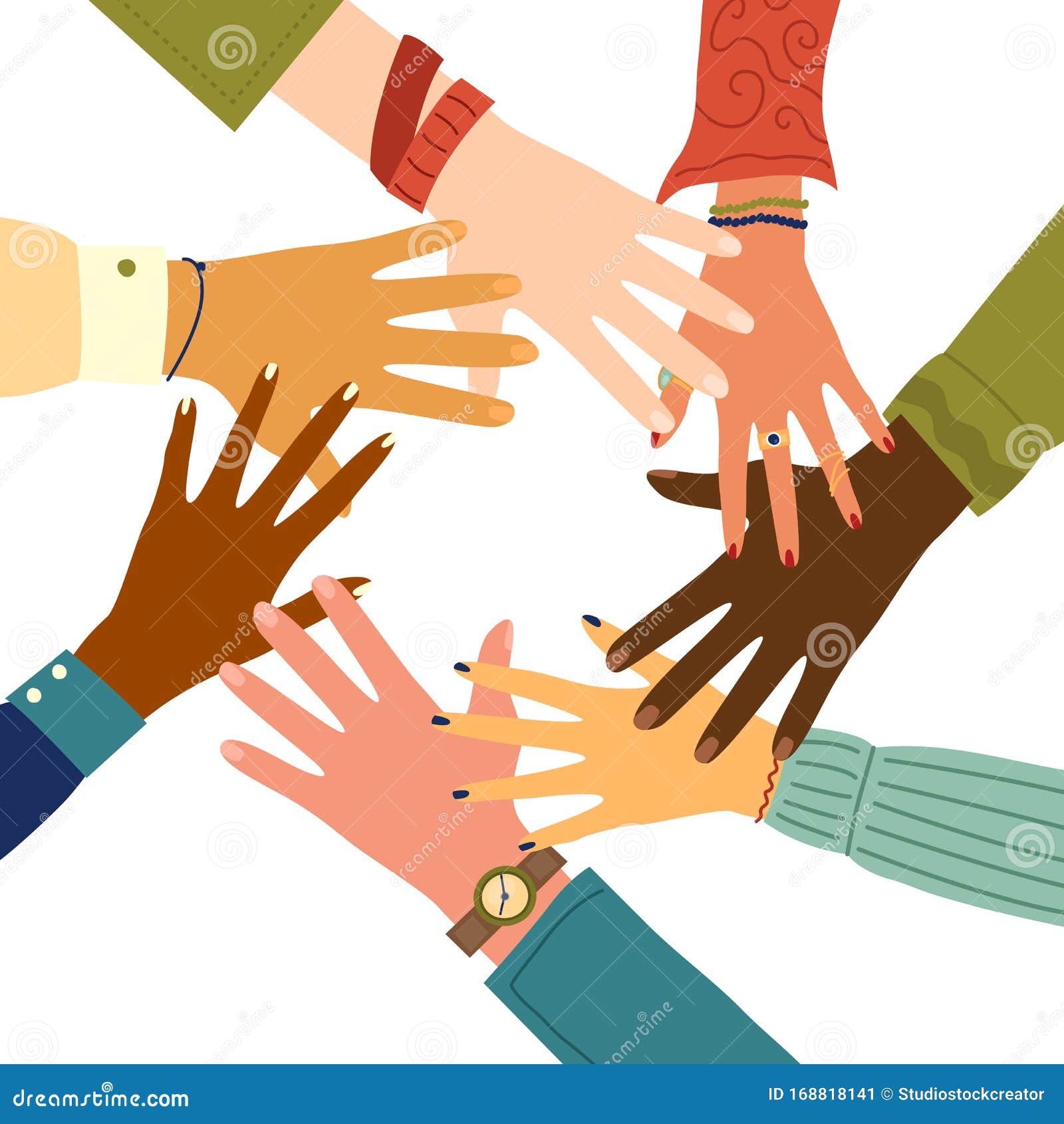 Stack Of Hands Of Different Human Races Showing Unity And Teamwork ...