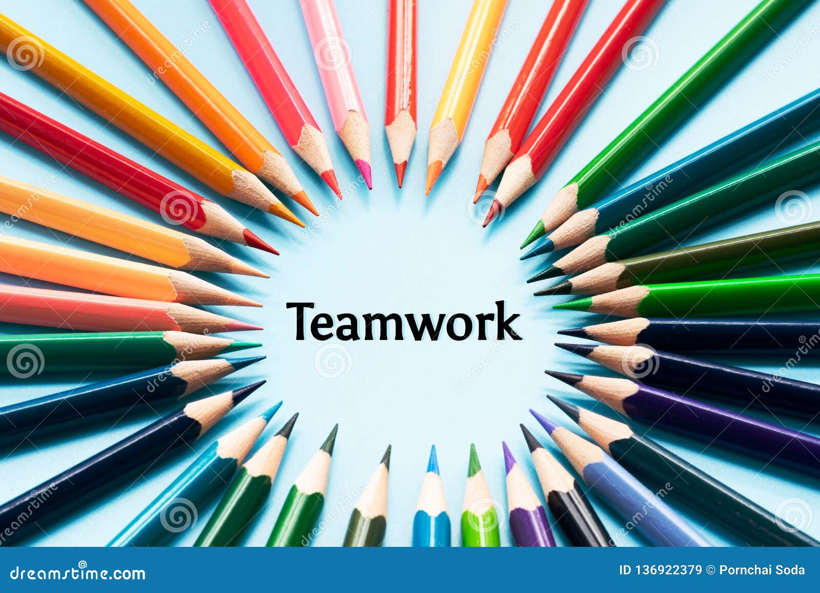 Teamwork Concept. Group of Color Pencil on Blue Background Stock Image ...