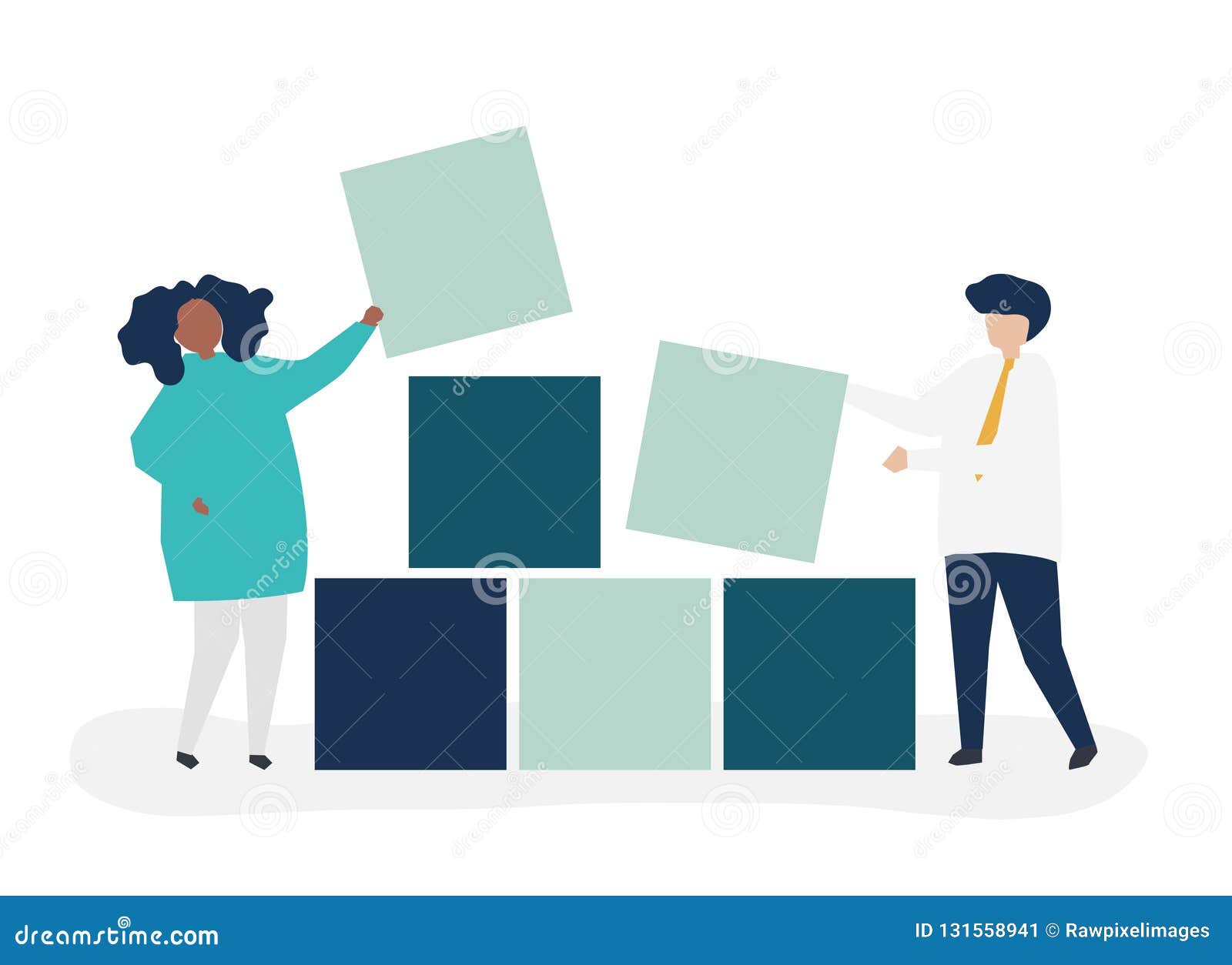 Teamwork Concept Illustration of a Couple Building Blocks Together ...