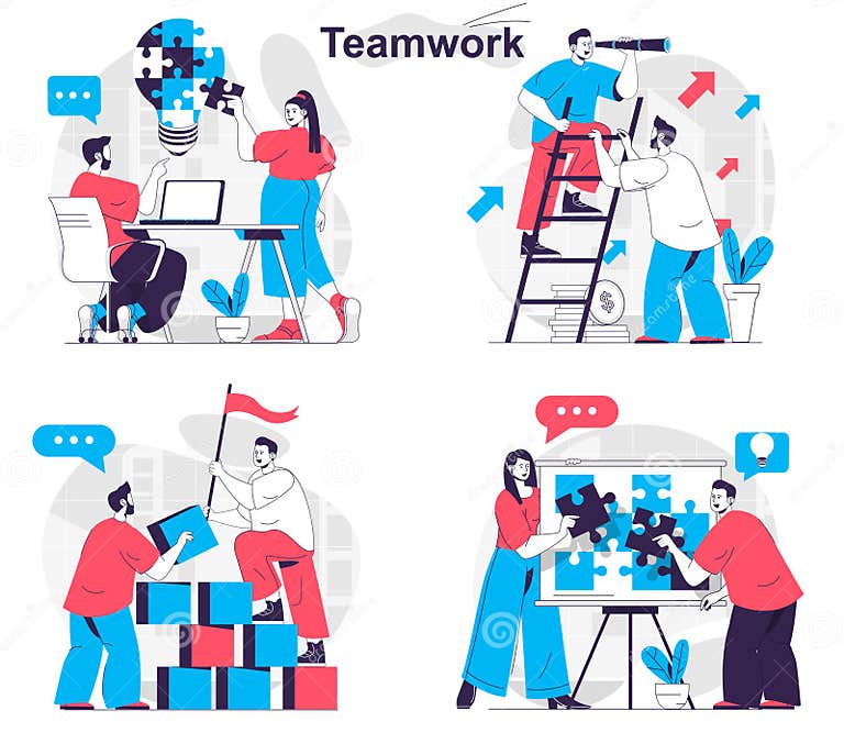 Teamwork Concept Set. Colleagues Work, Brainstorming, Building, Develop ...