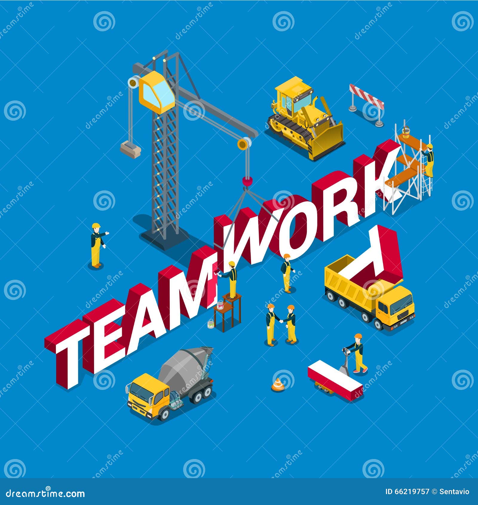 Teamwork Construction Building Word Flat 3d Isometric Vector Stock ...