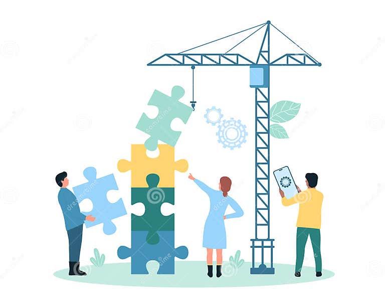 Teamwork Construction, Company Cooperation, Tiny People Build Puzzles ...