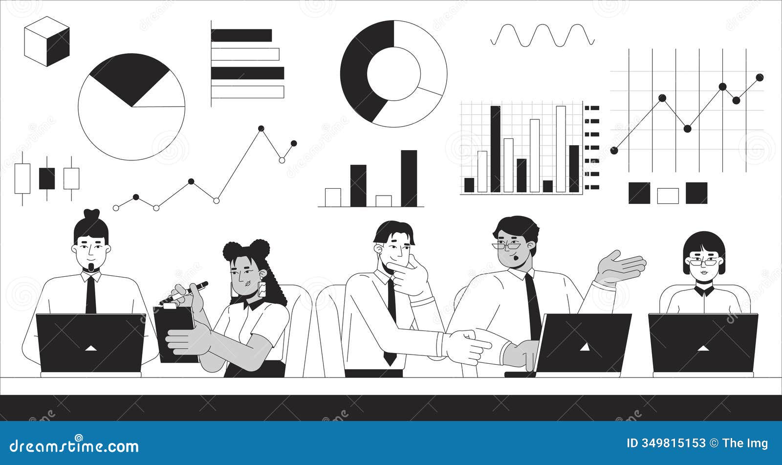 Teamwork Data Analytics Black and White 2D Illustration Concept Stock ...