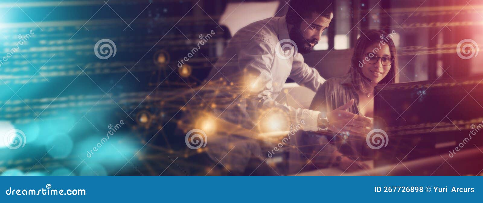 Teamwork, Digital Hologram and Business People on Computer Working on ...