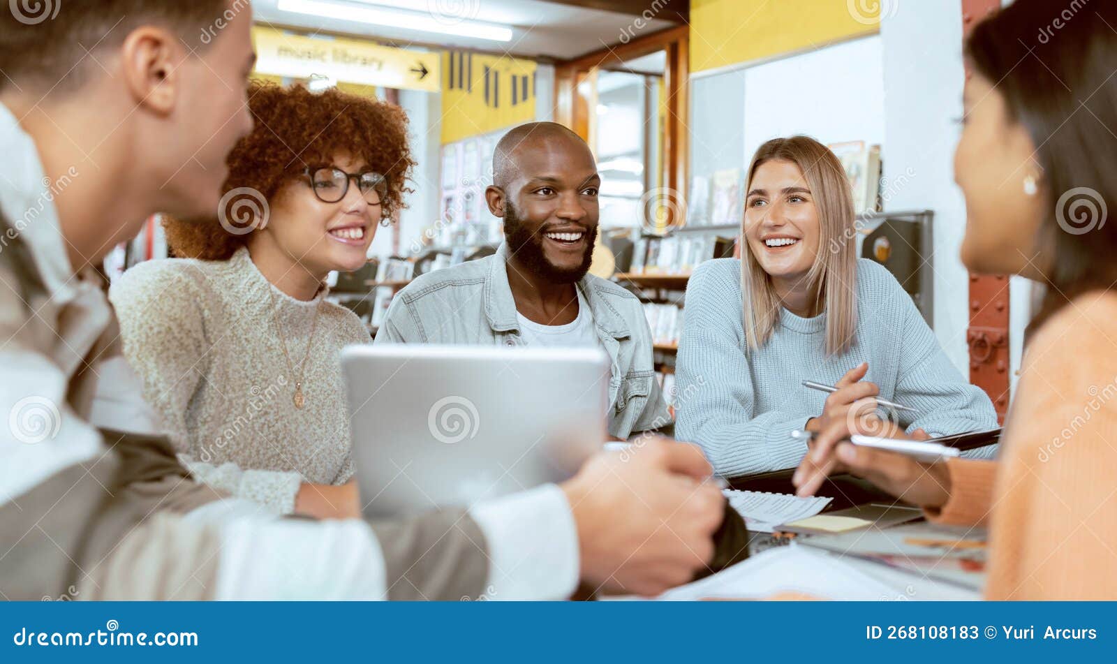 Teamwork, Education or Students with Tablet in Library for Research ...