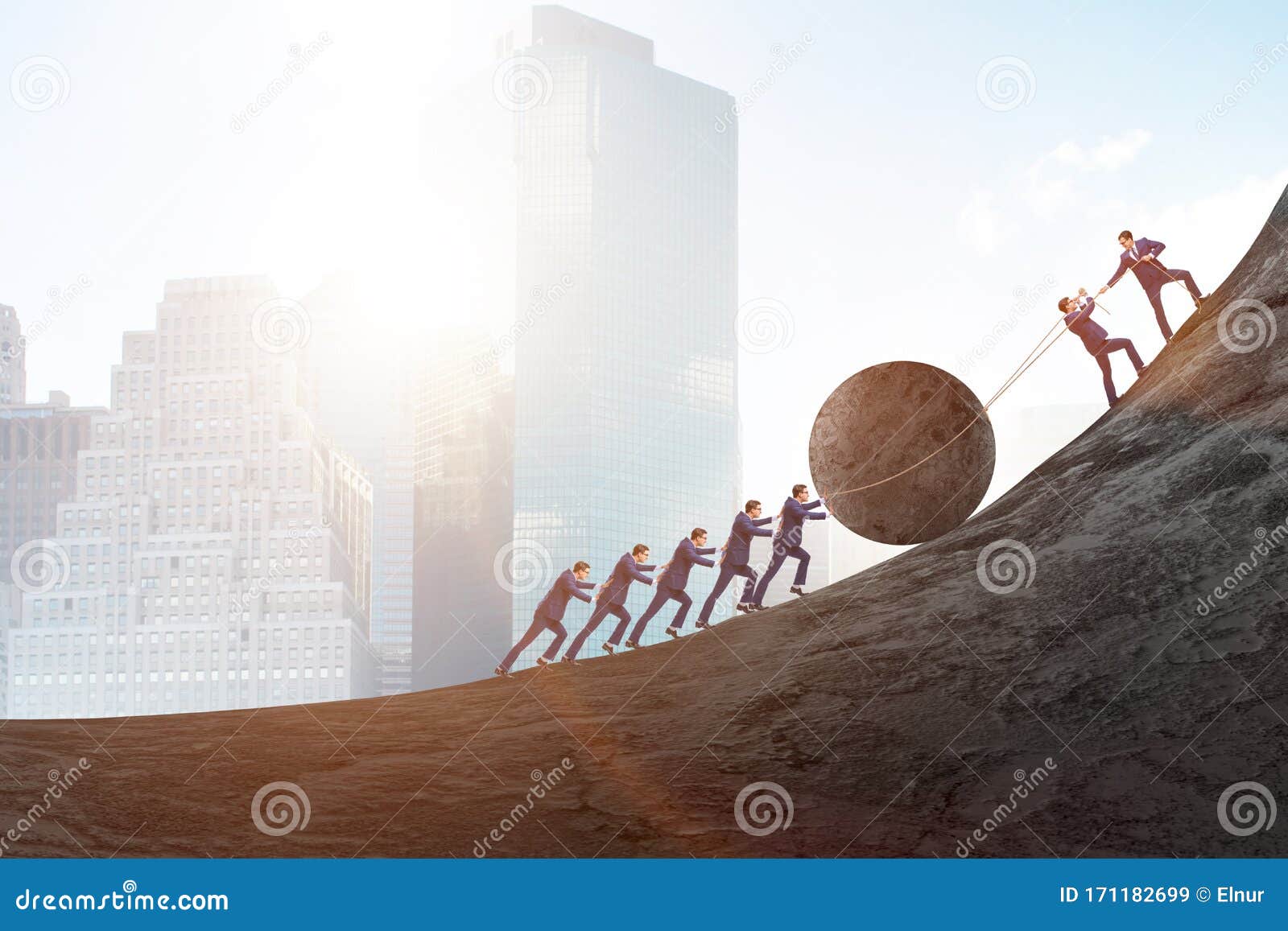 Teamwork Example with Business People Pushing Stone To Top Stock Image ...
