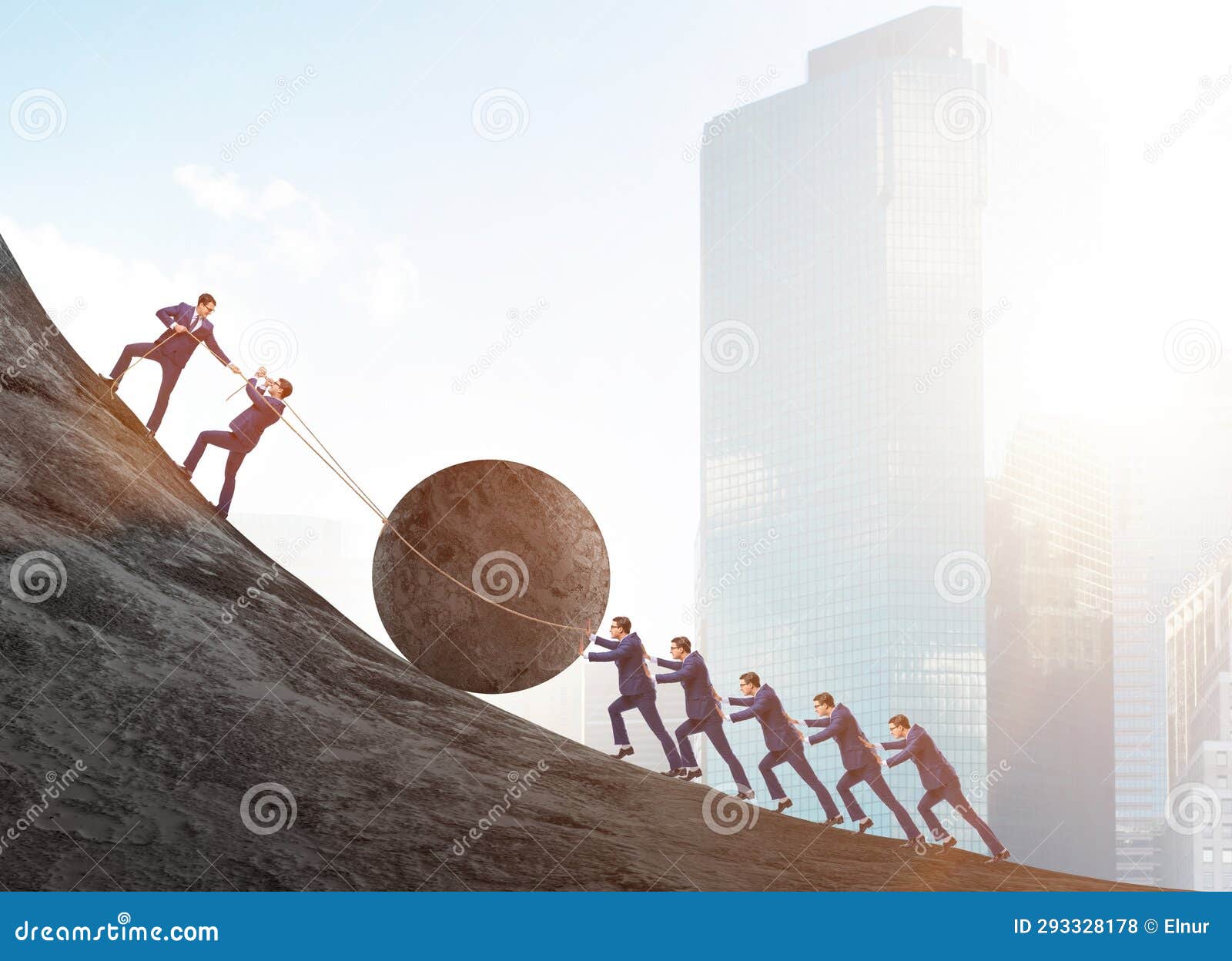 Teamwork Example with Business People Pushing Stone To Top Stock Photo ...