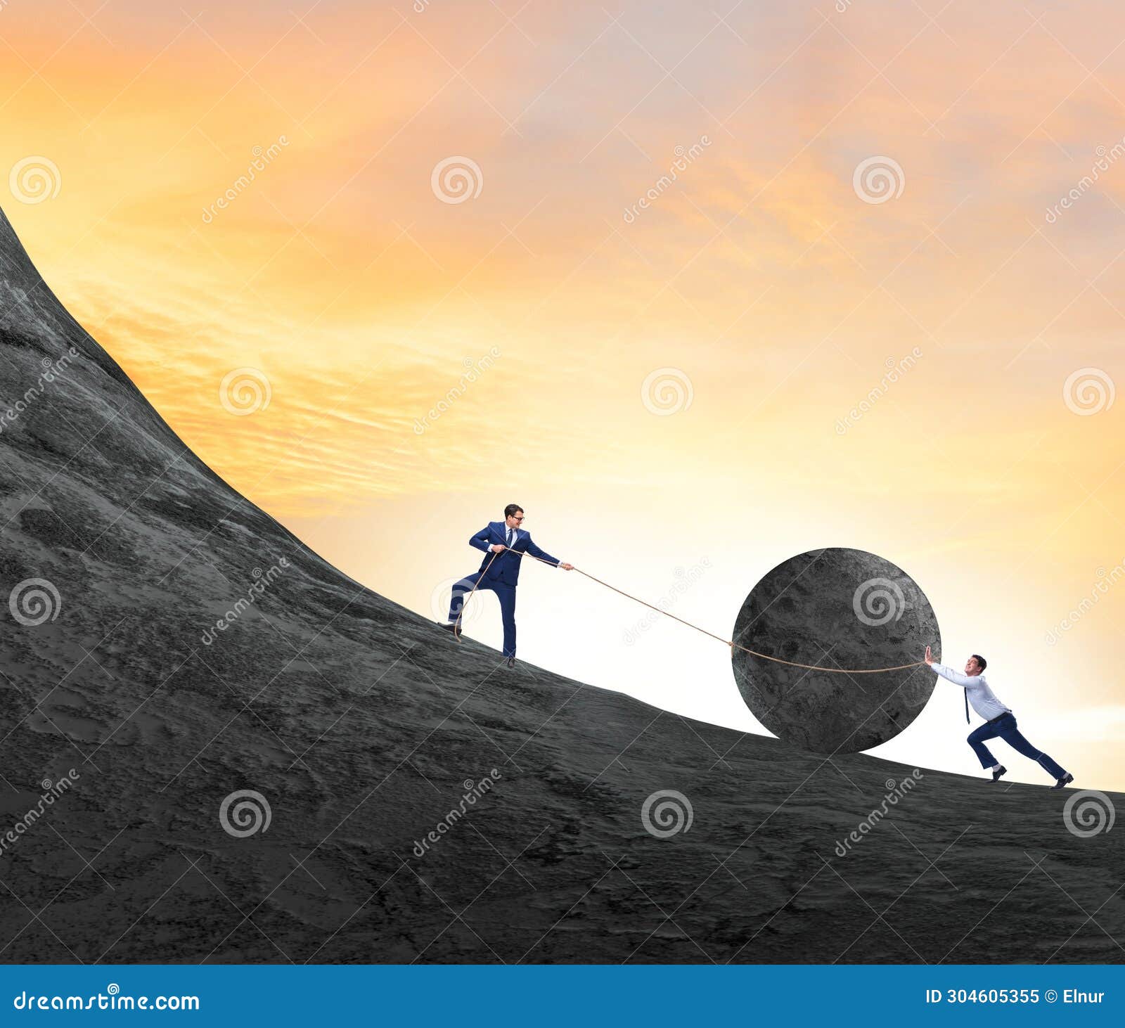 Teamwork Example with Business People Pushing Stone To Top Stock Image ...